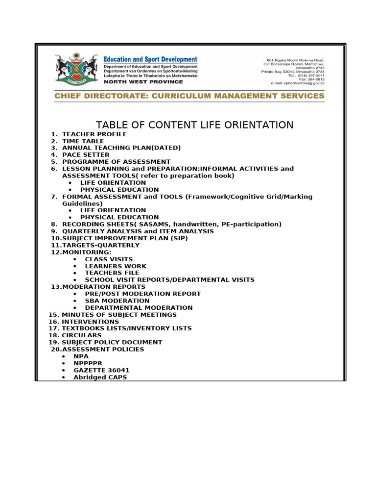 Life Orientation Project Table of Contents | PDF