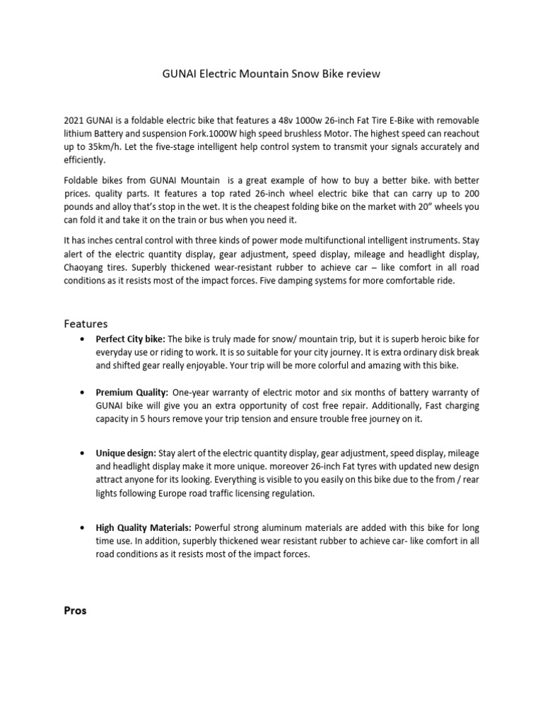 GUNAI Electric Mountain Snow Bike Review | PDF | Motor Vehicle | Land ...