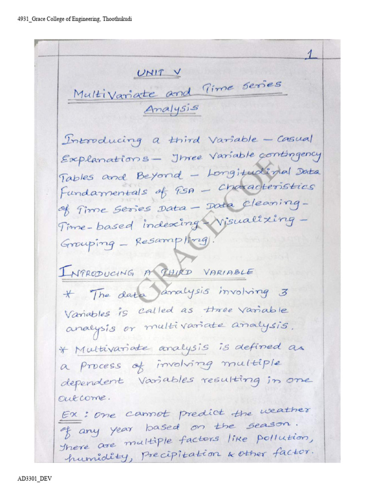 AD3301 - Unit 5 - Multivariate and Time Series Analysis | PDF