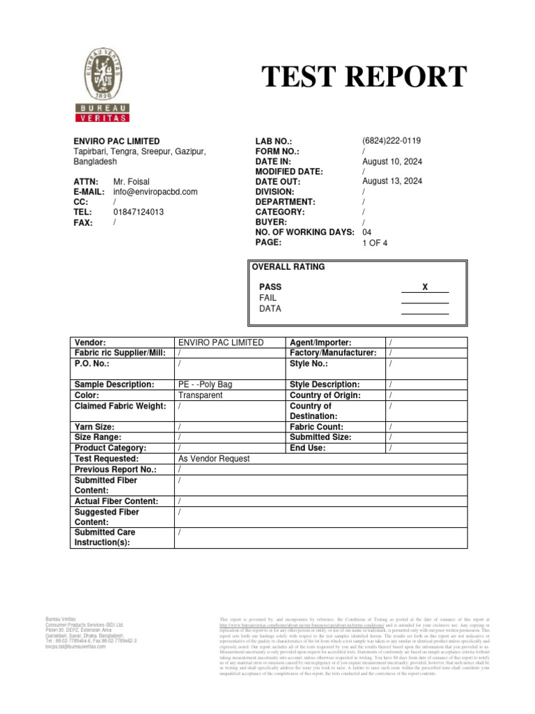 PVC- BHT Test Report (13 August 2024) | PDF | Textiles