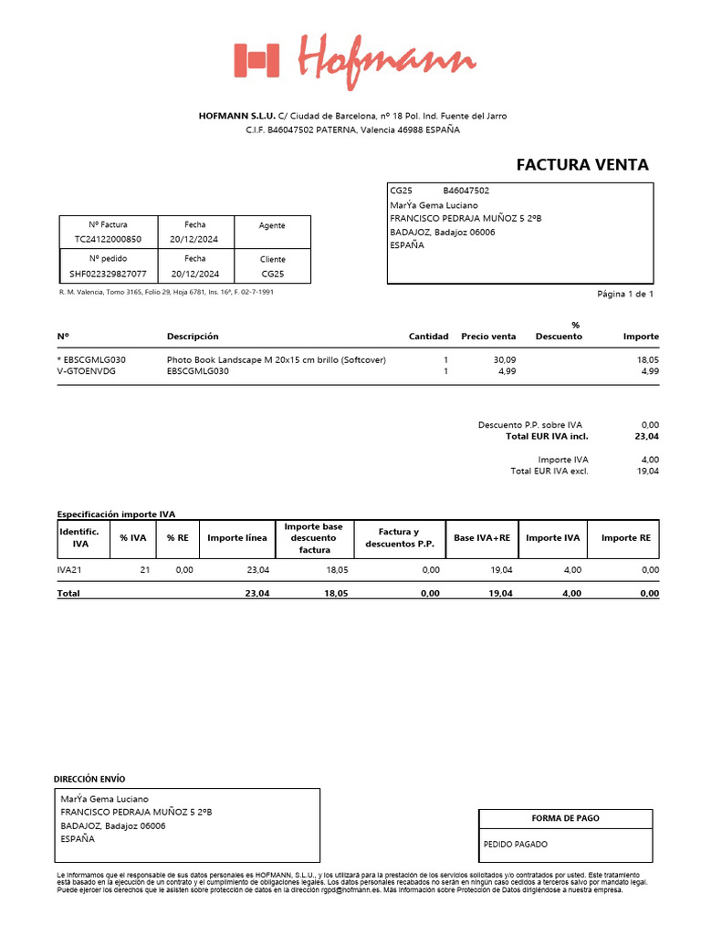 Factura de Compra: Photo Book 20x15 cm | PDF