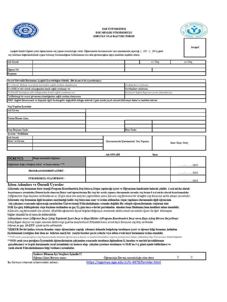 Zorunlu Staj Basvuru Formu Guncel 2023 | PDF