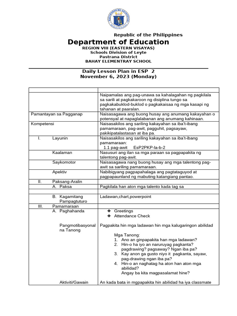 EsP2 - Lesson Plan - Q1 - M1 | PDF