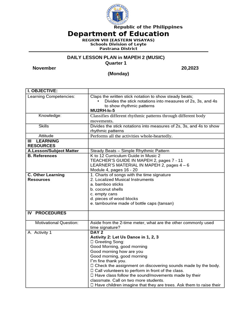 DAILY LESSON PLAN in MAPEH 2 Week 3 | PDF | Foods | Rhythm
