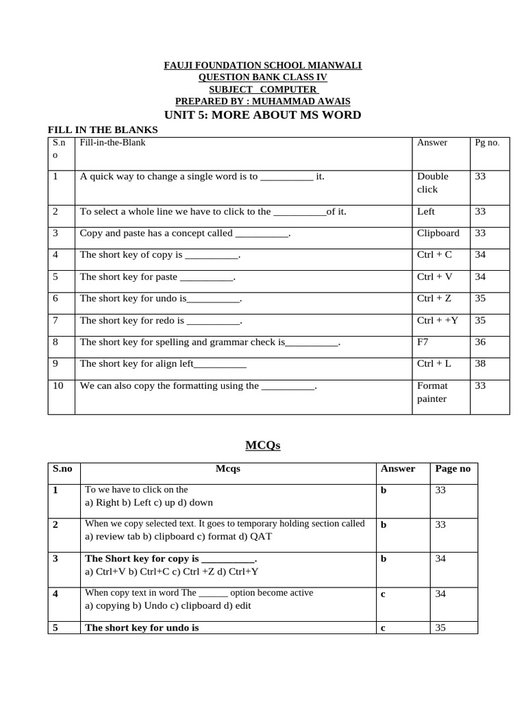 QUESTION BANK CLASS IV Computer | PDF | Microsoft Word | Microsoft Excel