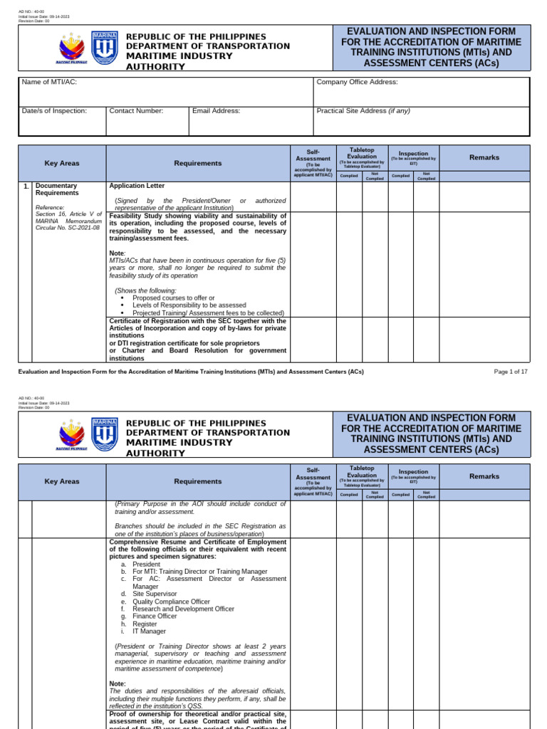 AD 40 Evaluation and Inspection Form For The Accreditation of Maritime ...