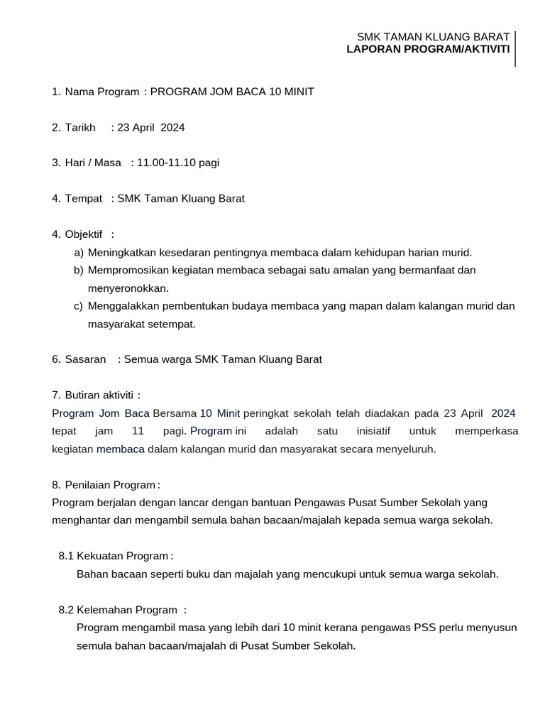 Laporan Jom Baca 10 Minit SMKTKB 2024 | PDF