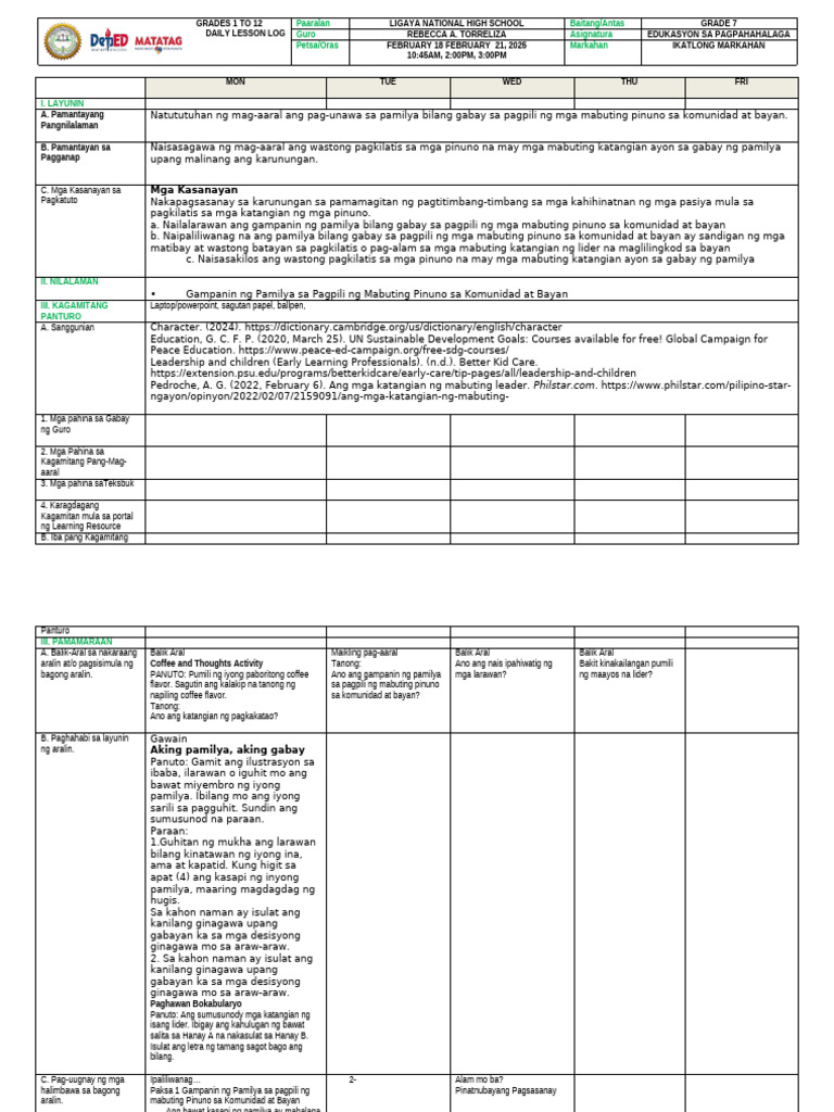 Q4 Week 2&3 Lesson Plan (Feb 18-21) | PDF