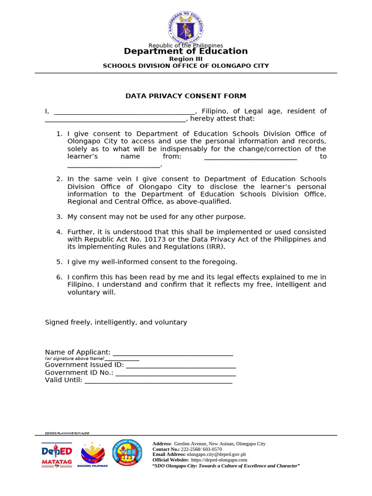 DATA PRIVACY CONSENT FORM (For Change of Name) - Blank | PDF