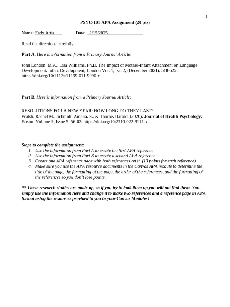 PSYC-101.APA Assignment - Sp25 | PDF