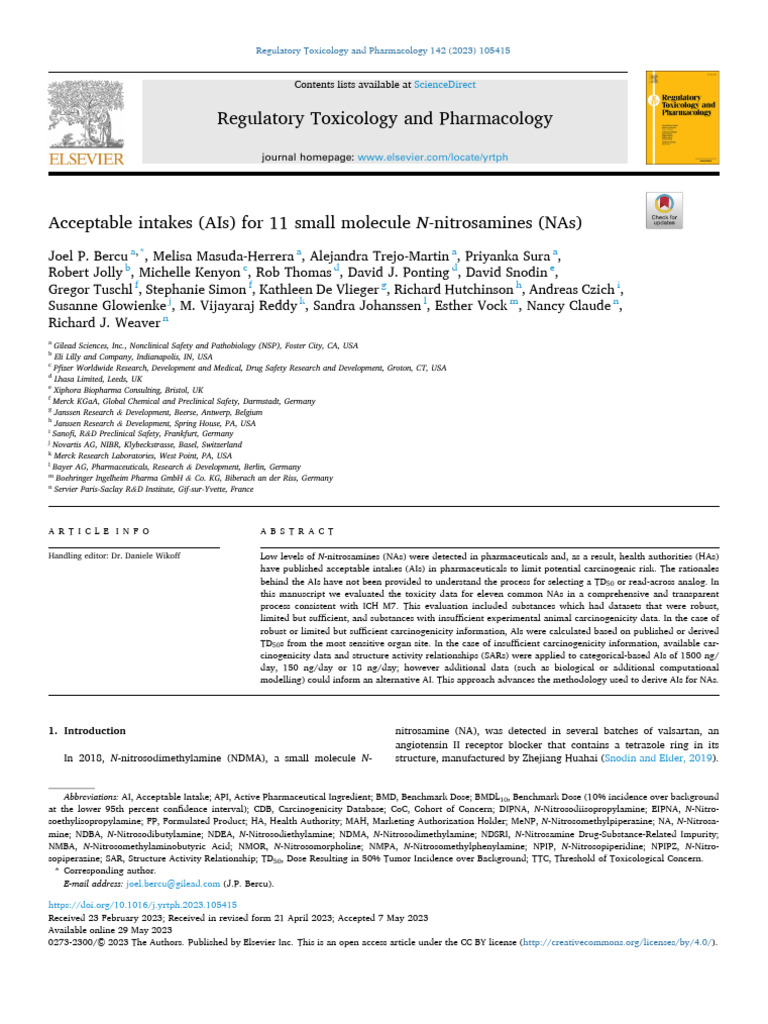 Acceptable Intakes (AIs) For 11 Small Molecule N-Nitrosamines (NAs) | PDF