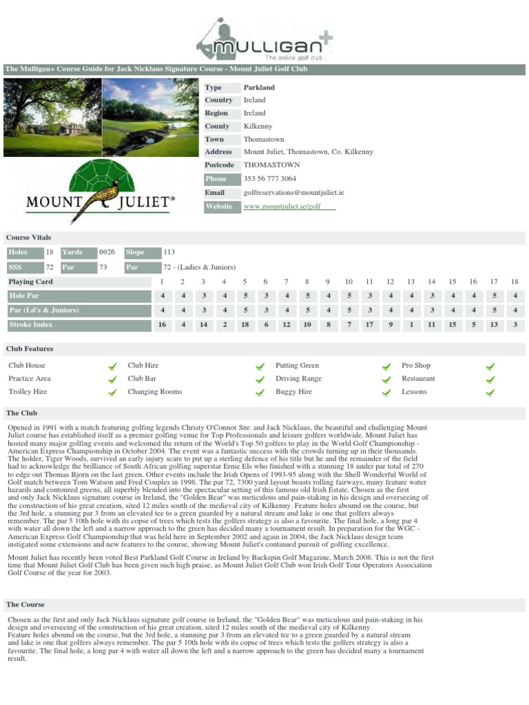 Mount Juliet Golf Club Course Review | PDF | Golf Course | Par (Score)