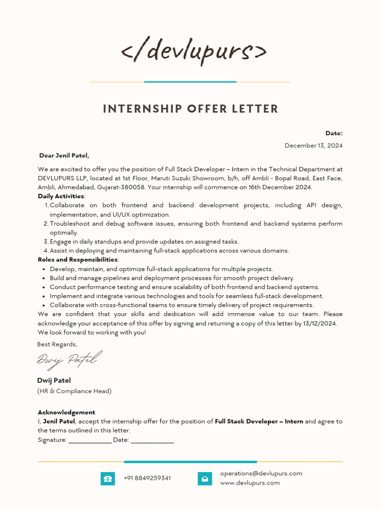 Jenil Patel Internship Offer Letter | PDF