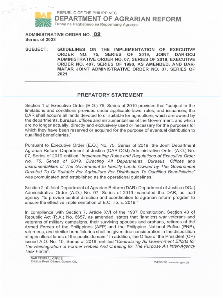Ao 02 S2023 Guidelines On The Implementation of Executive Order No 75 ...