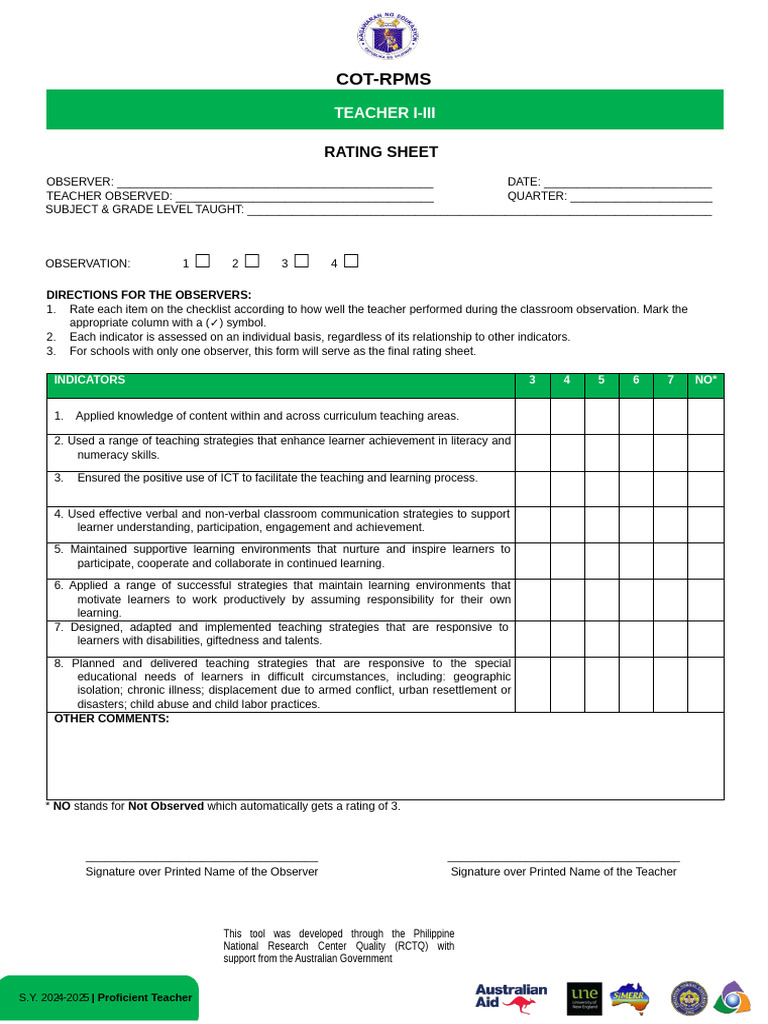 Appendix C 03 COT RPMS Rating Sheet For T I III For SY 2024 2025 | PDF ...