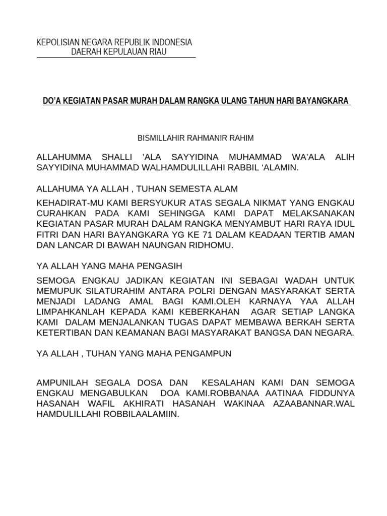 Doa Kegiatan Pasar Murah Polri | PDF