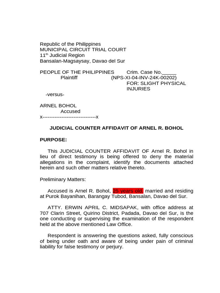 Judicial Counter Affidavit Arnel Bohol | PDF | Affidavit | Perjury
