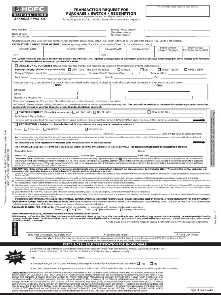 HDFC Mutual Fund Transaction Request Form | PDF | Banks | Exchange ...