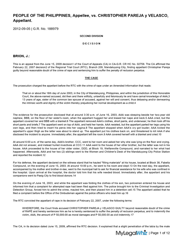 People of The Philippines Vs Christopher Pareja y Velasco | PDF | Labia | Rape