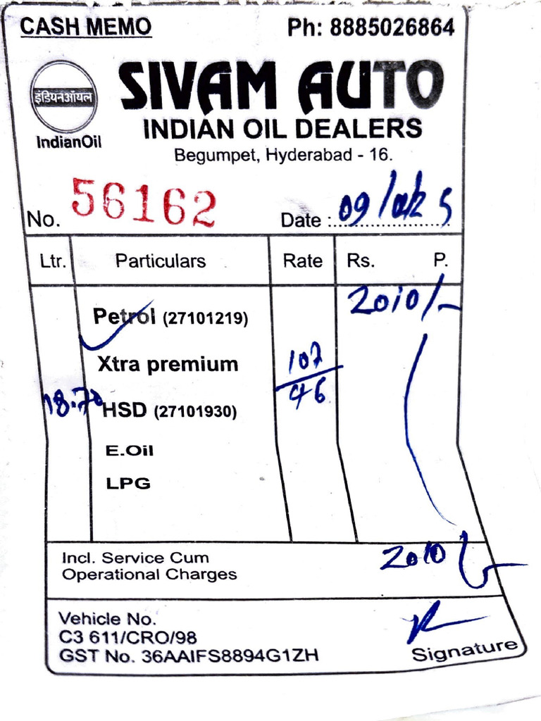 Indian Oil Petrol Bill Details 2025 | PDF