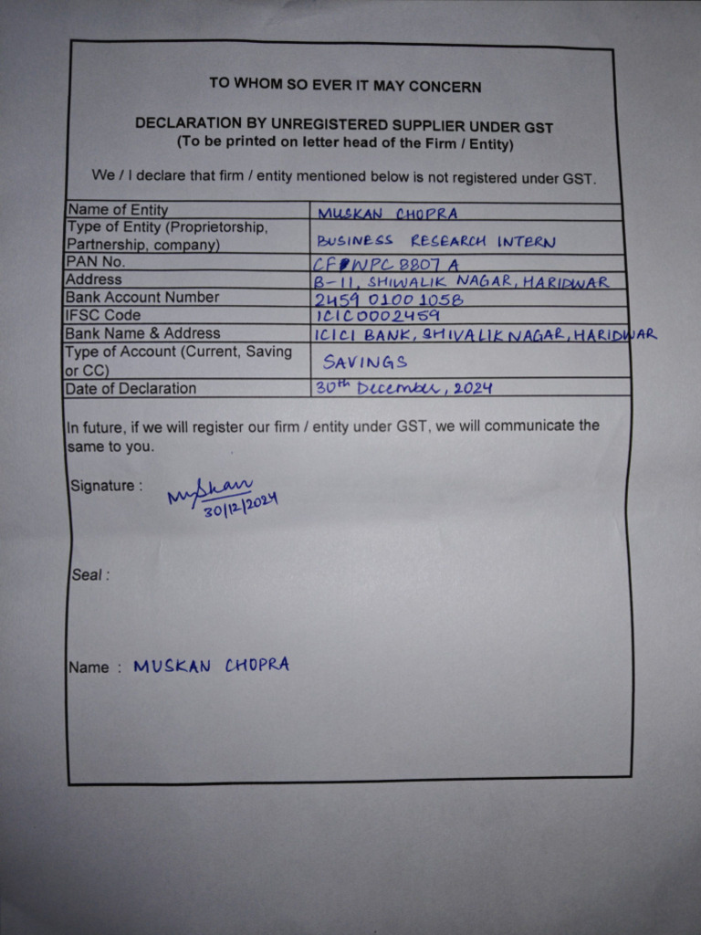 Declaration by Unregistered Supplier Under GST | PDF