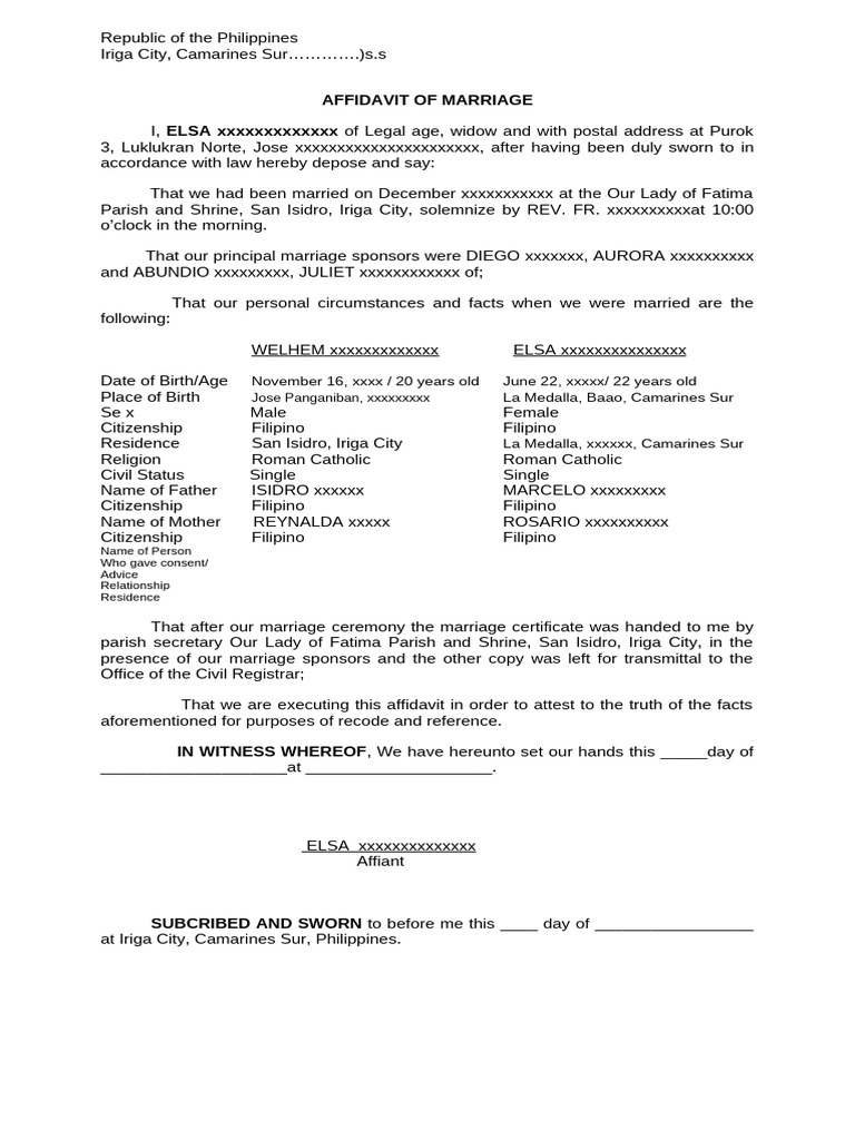 Affidavit of Marriage Sample | PDF