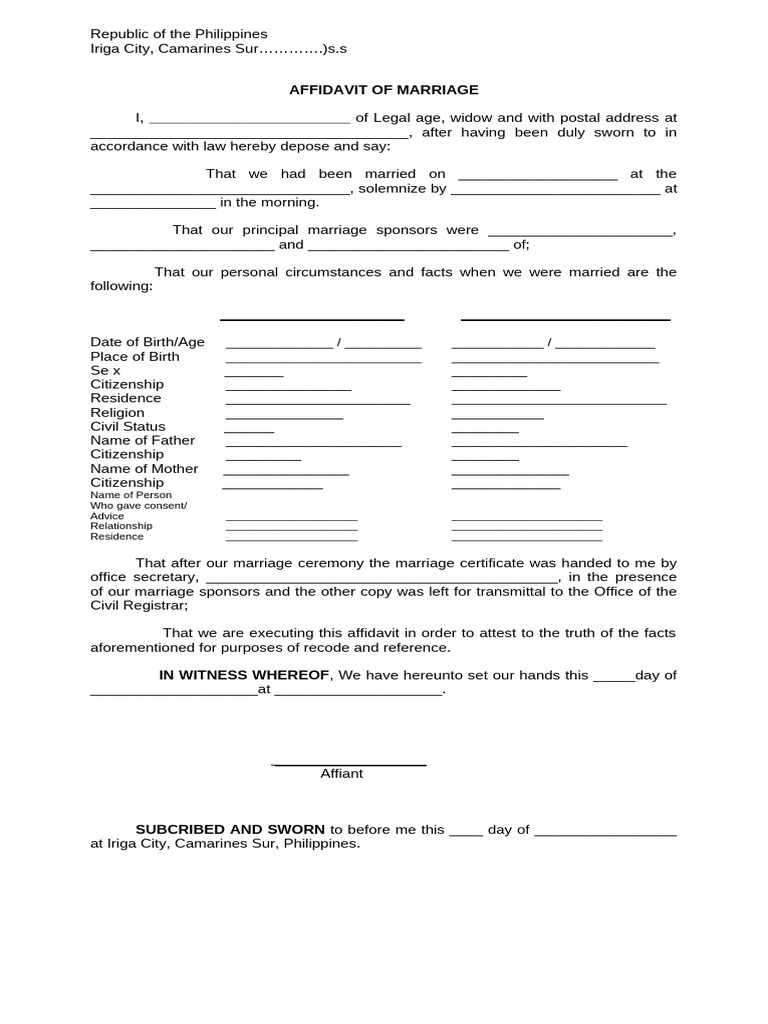 Affidavit of Marriage Template | PDF | Affidavit | Social Conventions