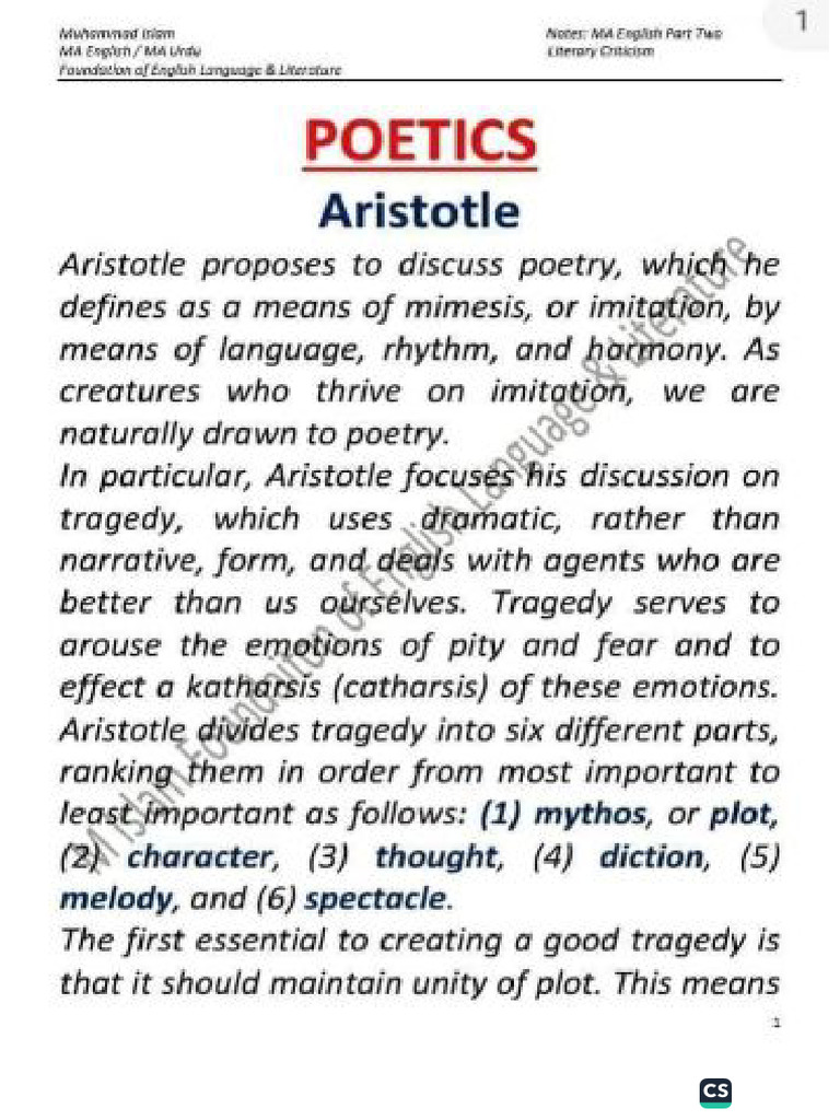 POETICS BY ARISTOTLE | PDF