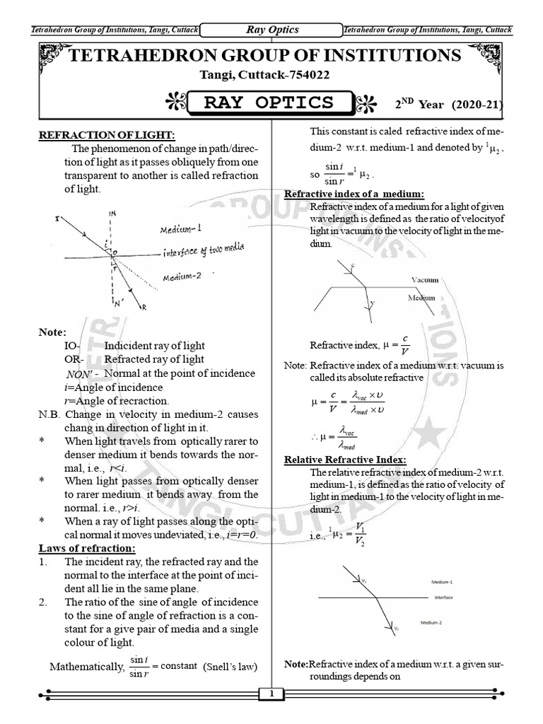Ray Optics | PDF | Refraction | Refractive Index