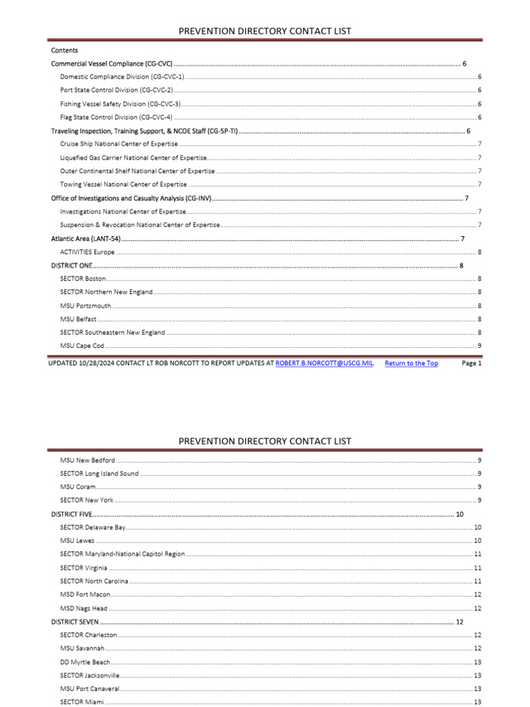 USCG Prevention Directory Contacts | PDF | Oceans | Freight Transport
