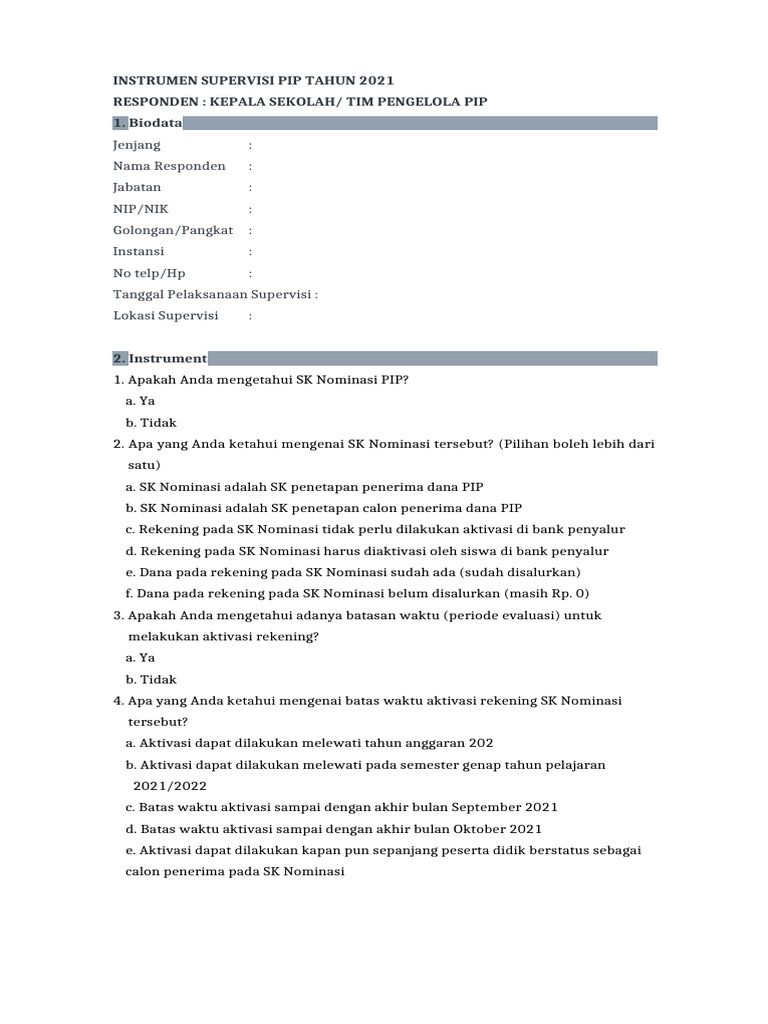 Instrumen Supervisi Pip Tahun 2021 | PDF