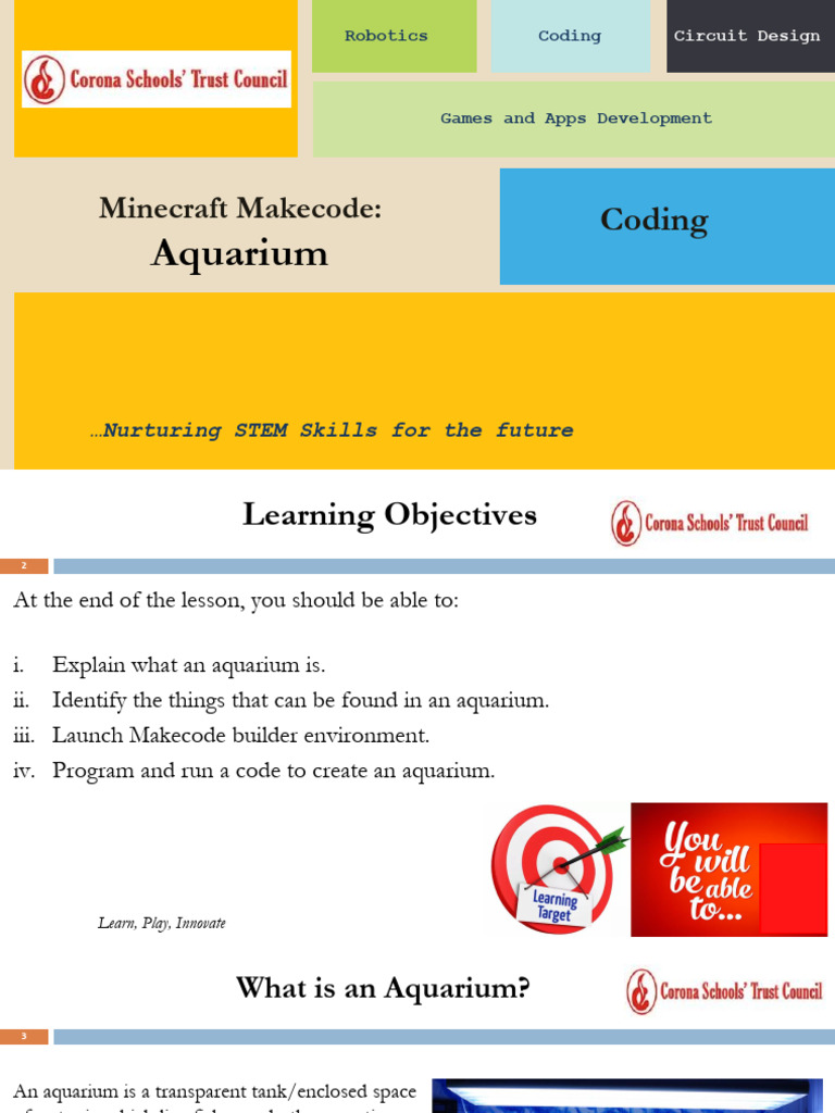 1st Term - Class 6 - Weeks 9 - 11 - Minecraft Makecode - Aquarium | PDF ...
