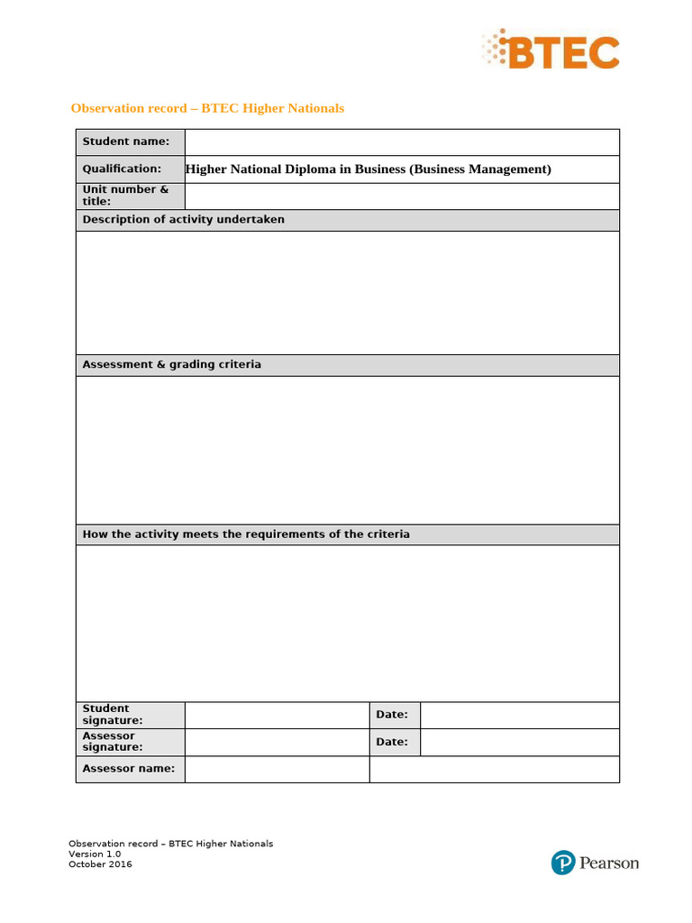 BTEC Business Management Observation | PDF