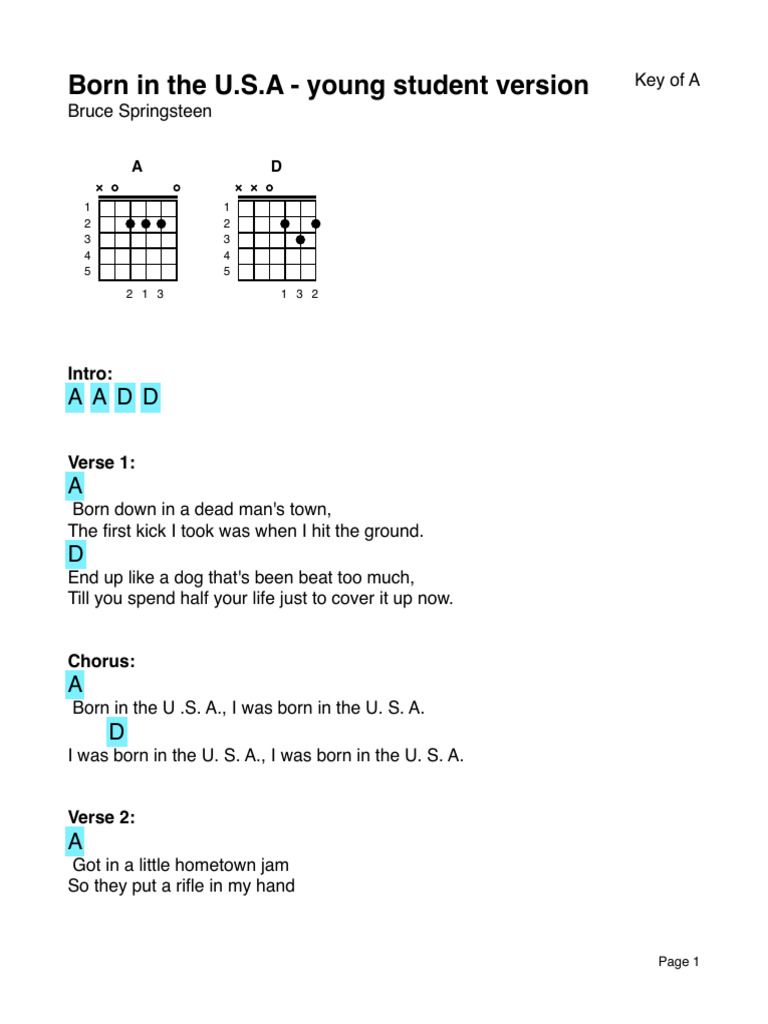 Born in the U.S.A. Guitar Chords Guide | PDF