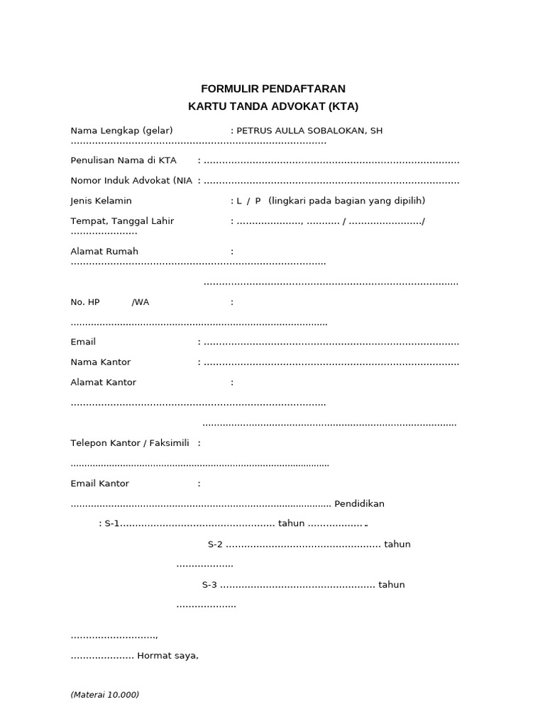 Formulir Pendaftaran Kta 2024-2028 New | PDF