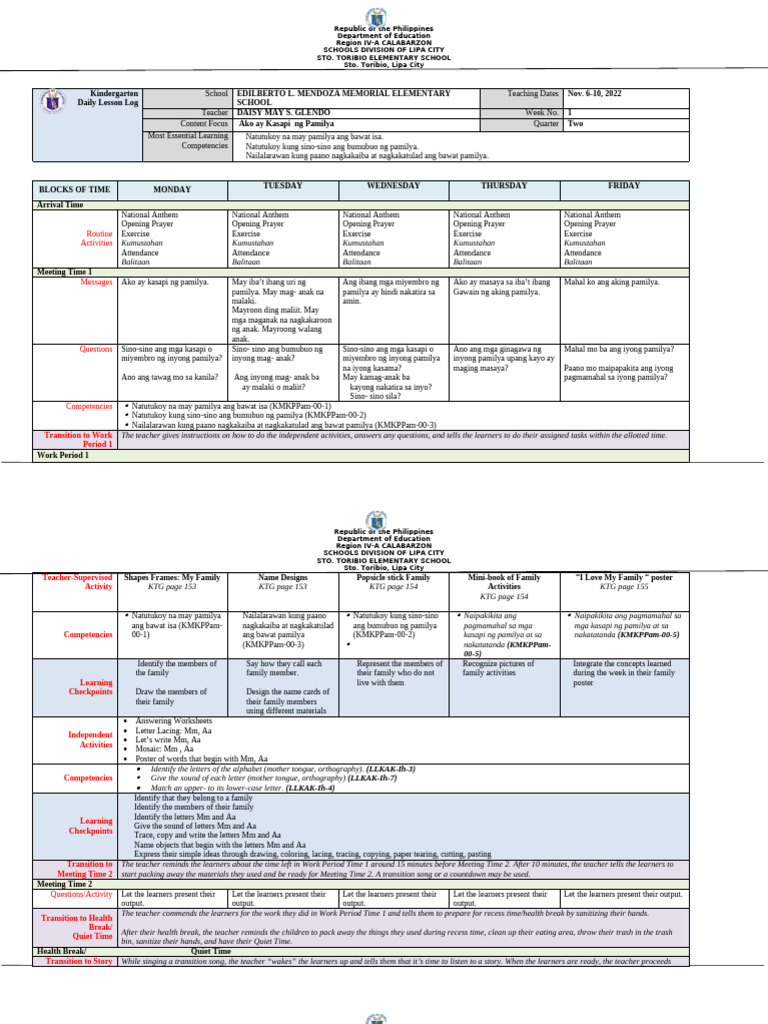 Kinder-DLL-Week1-Q2-1 | PDF | Teachers