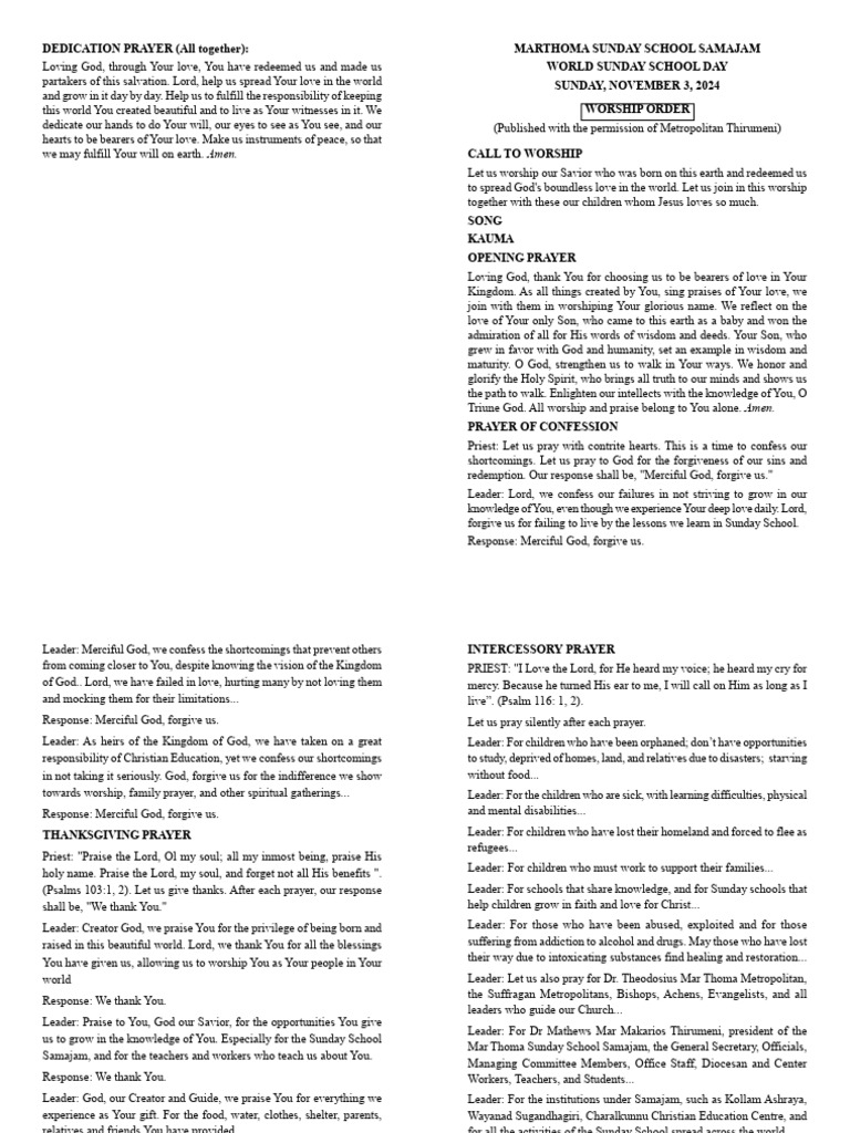 Marthoma Sunday School Worship Order | PDF | Prayer | Worship