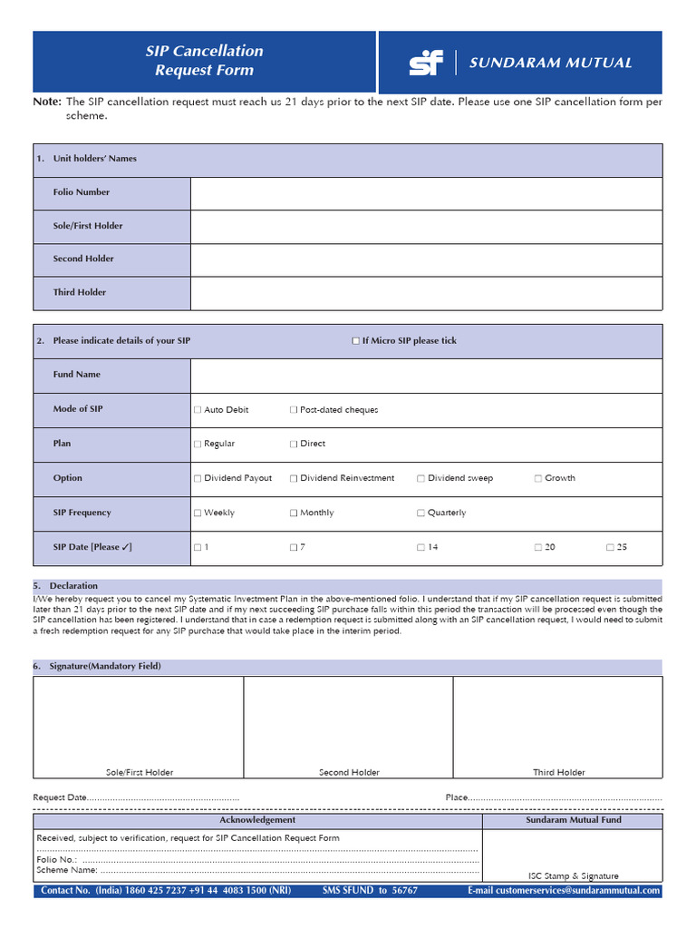 SIP Cancellation Request Form | PDF | Dividend | Investing