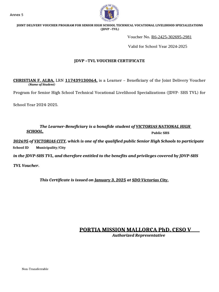 Annex 5 JDVP TVL Voucher Certificate 01212020 | PDF