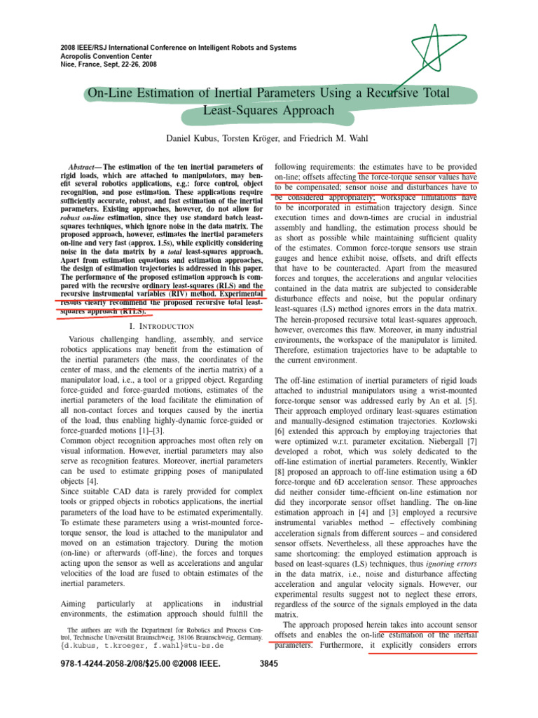 2008 - On-Line Estimation of Inertial Parameters Using A | PDF | Force | Torque