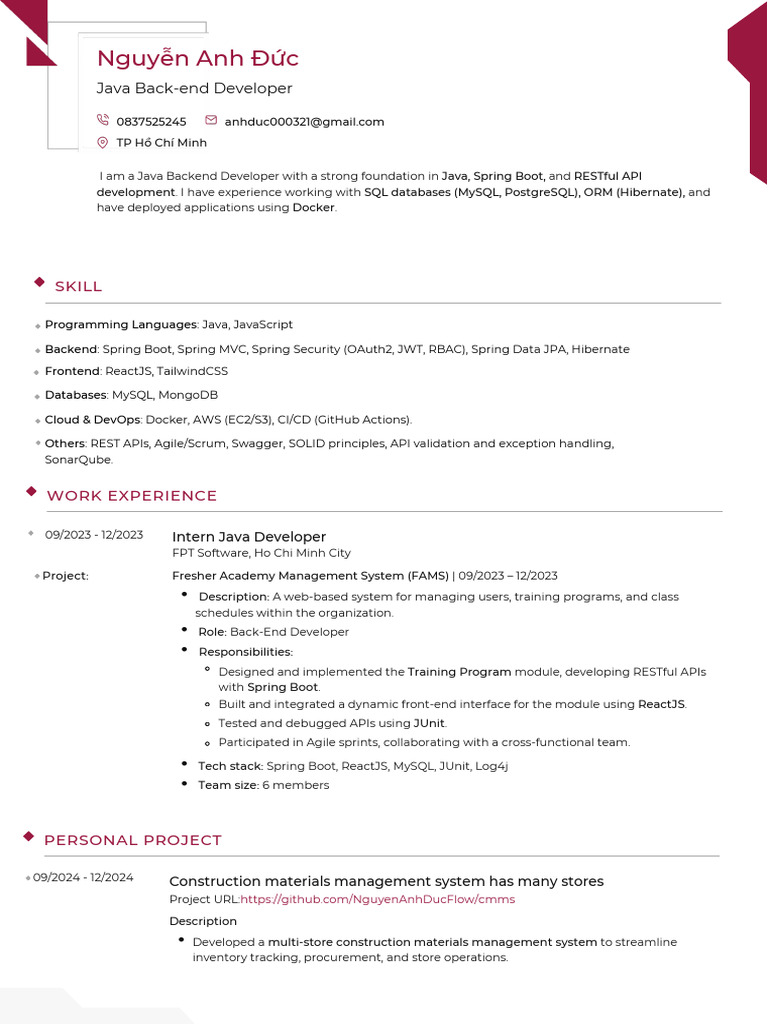 Nguyễn_Anh_Đức_Java_Developer | PDF | My Sql | Java (Programming Language)