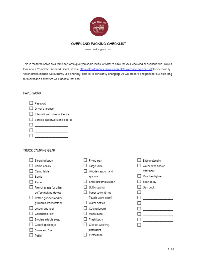 Overland Packing Checklist | PDF