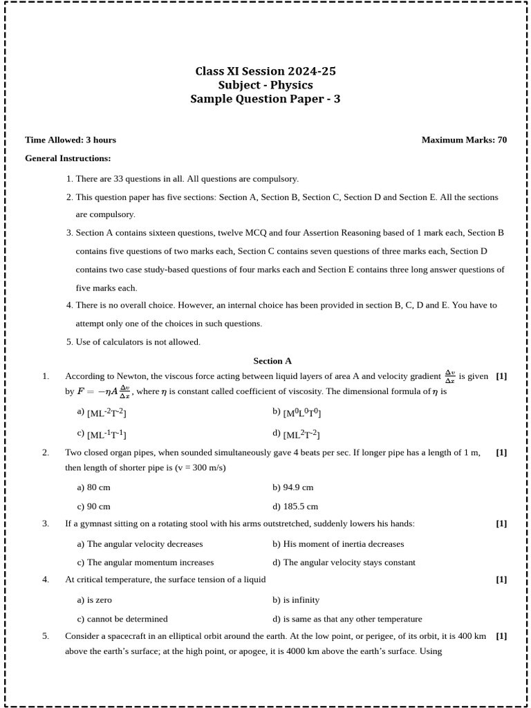 Class XI Physics Sample Question Paper | PDF | Gases | Momentum