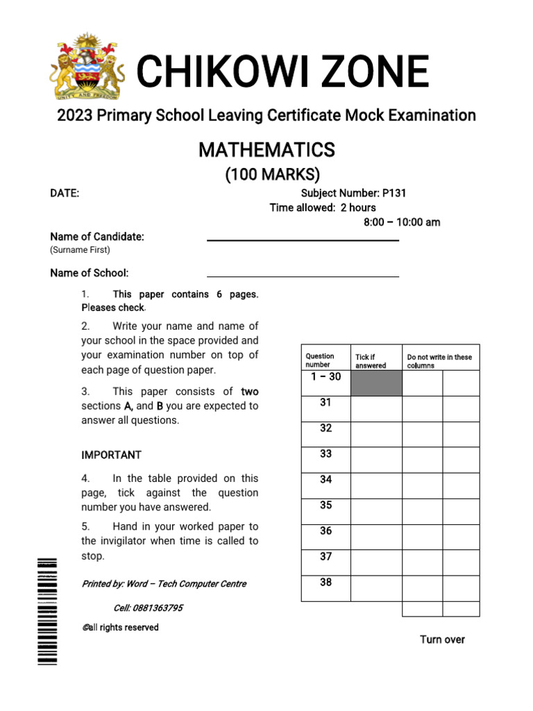 2023 Primary School Math Mock Exam | PDF | Mathematics