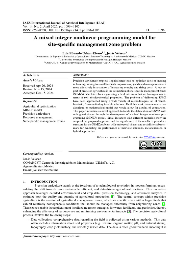 Amixed integer nonlinear programming model for site-specific management ...