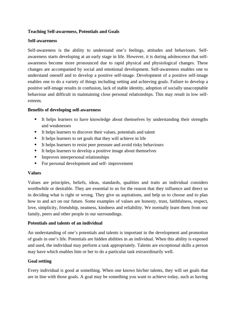 Teaching Self Awareness, Potentials and Goals | PDF | Self Awareness ...