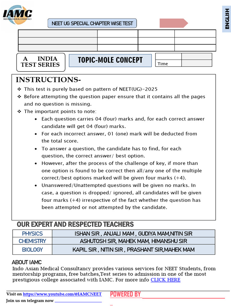 Mole Concept Chapter Wise Chemistry Test - 01 | PDF | Mole (Unit) | Mixture