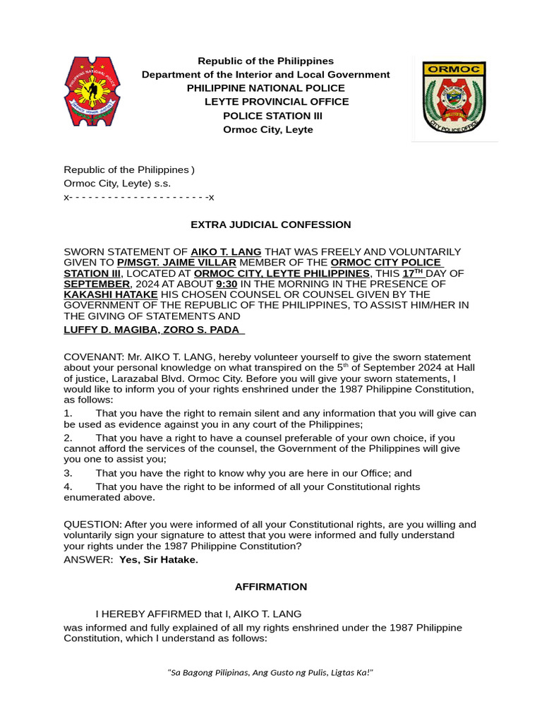 Aiko T. Lang Confession Statement | PDF | Affidavit