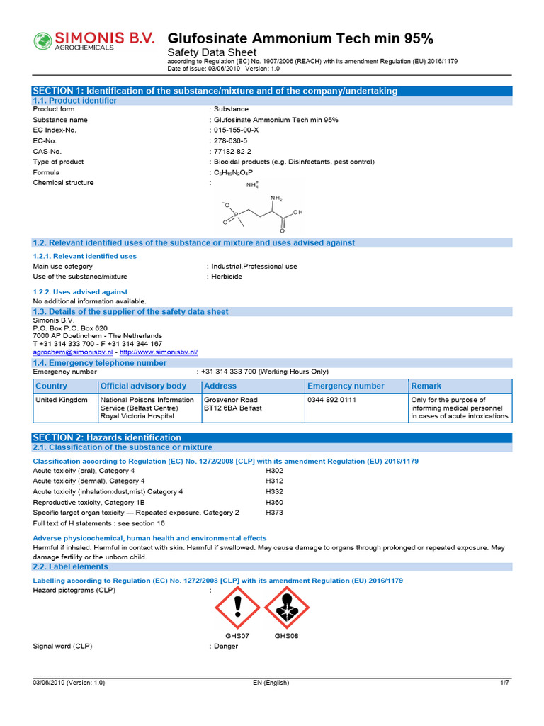 MSDS Glufosinate-Ammonium-Tech-min-95-ENGB-v1.0-CLP | PDF | Firefighting | Safety