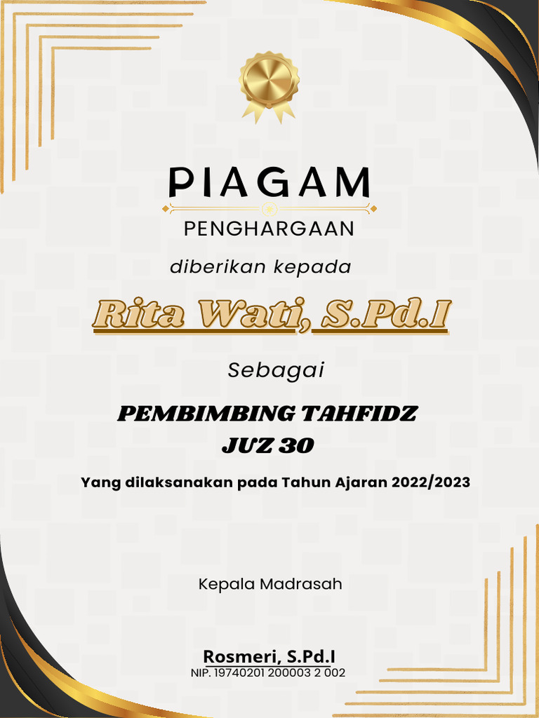 Piagam Penghargaan Pembimbing Tahfidz | PDF